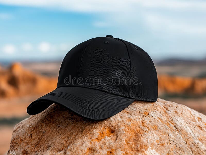 A Black Baseball Cap Sitting on Top of a Rock Stock Photo - Image of ...
