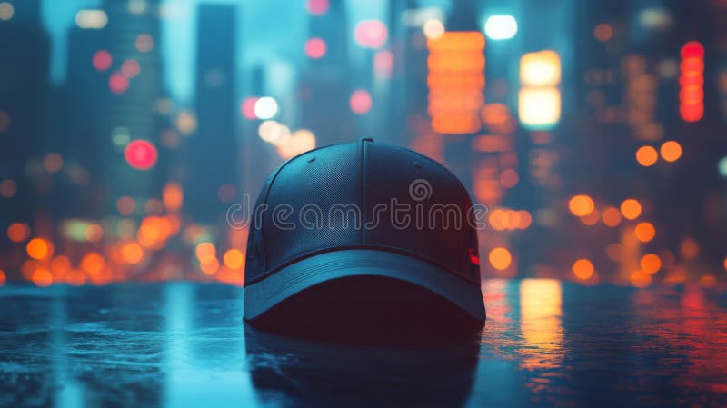 Black Baseball Cap on Wet Surface with City Lights Bokeh Background at ...