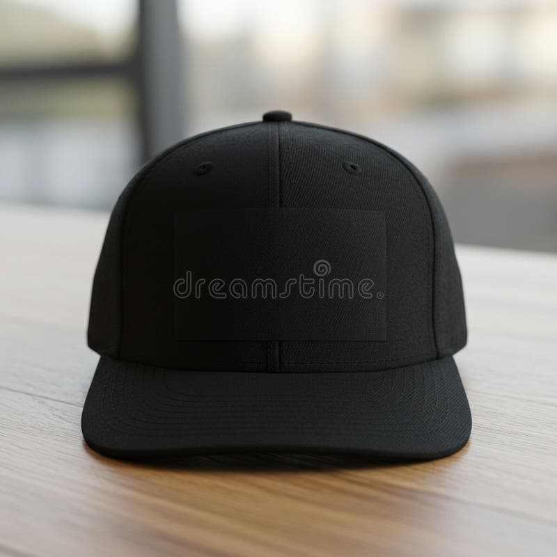 Black Baseball Cap on a Wooden Surface, Featuring a Flat Brim and ...