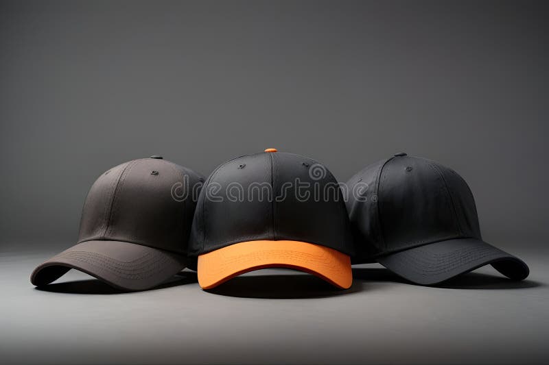 Black Baseball Caps Mockup on a Grey Background Stock Illustration ...