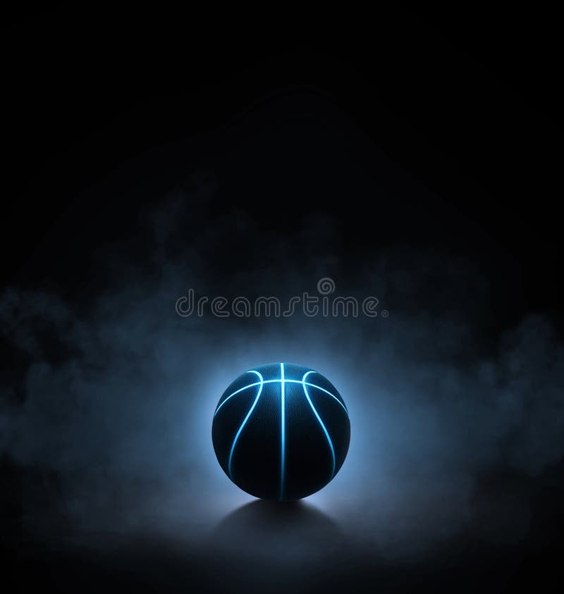 Black Basketball with Bright Blue Glowing Neon Lines on Black ...