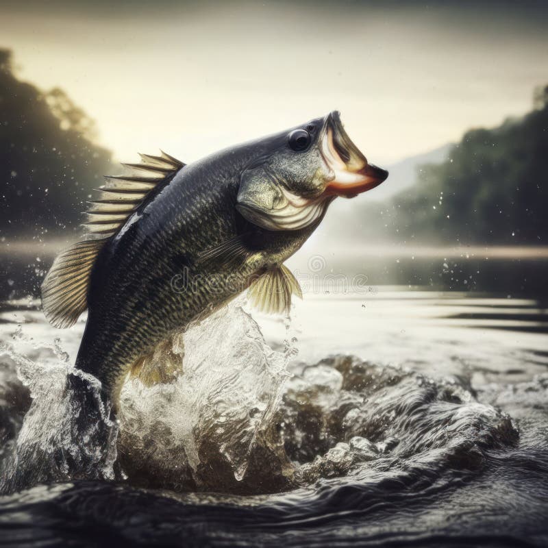 Black Bass Fish Jumping Out of River. Ai Generative Stock Illustration ...