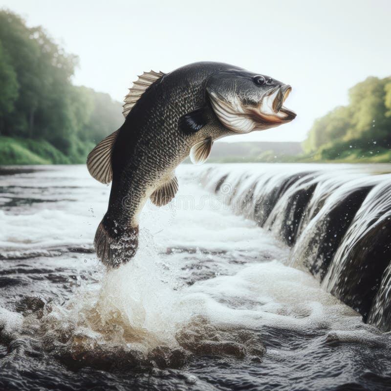 Bass Fish Jumping Out of River Water. Ai Generative Stock Illustration ...