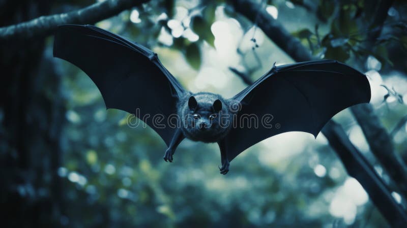 Black Bat in Flight through Dark Forest Stock Illustration ...