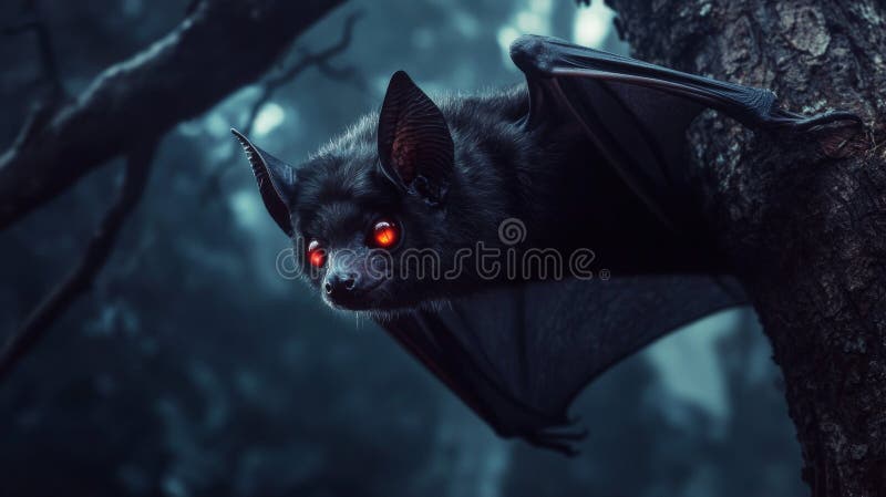 Black Bat with Glowing Red Eyes Perched on Tree Branch Stock ...