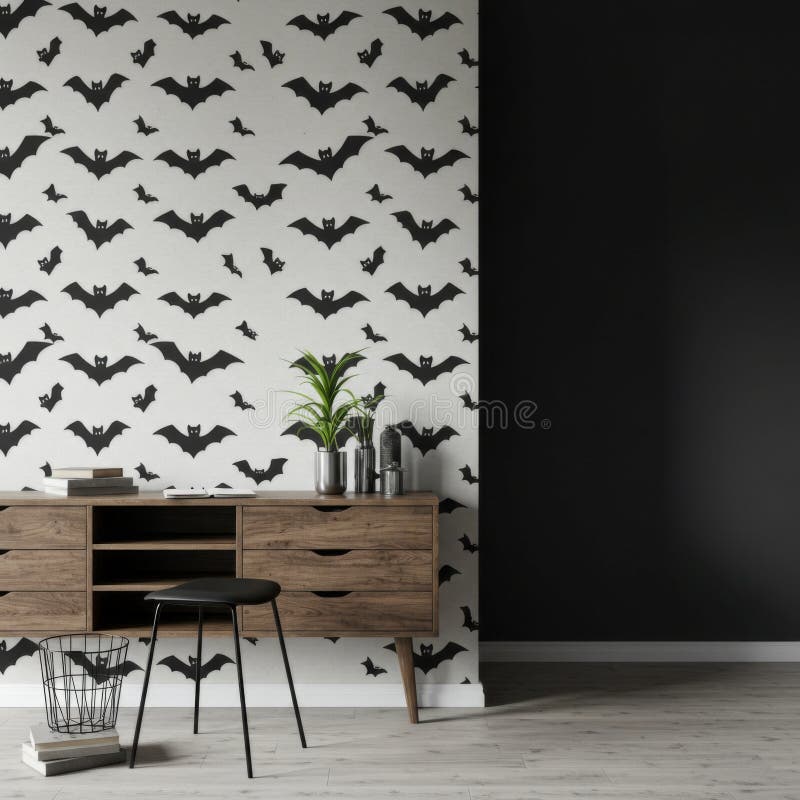 Black Bat Pattern Wallpaper on Modern Mid Century Room Stock ...