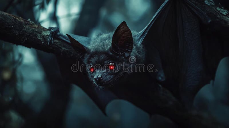 A Black Bat with Red Eyes Hanging on a Branch Stock Illustration ...