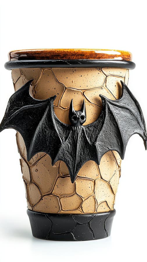 Black Bat Resting on a Ceramic Pot with Blue and White Patterns in ...