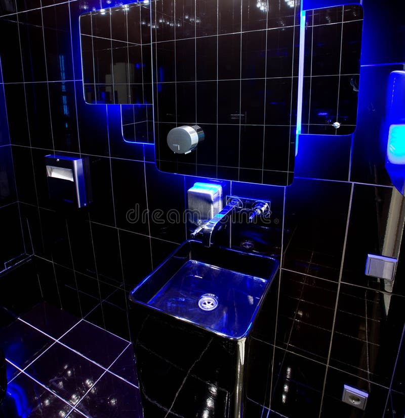 Black Bathroom with Blue Backlight Stock Image - Image of couch ...