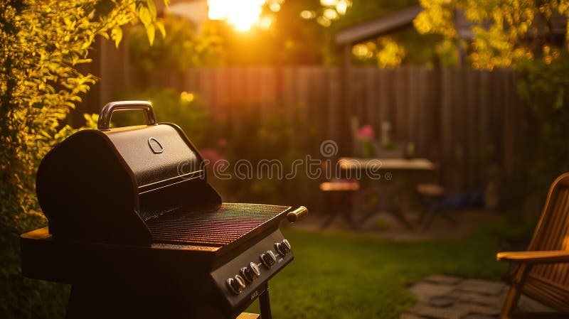 Black BBQ Grill in a Backyard, Golden Evening Light Stock Photo - Image ...