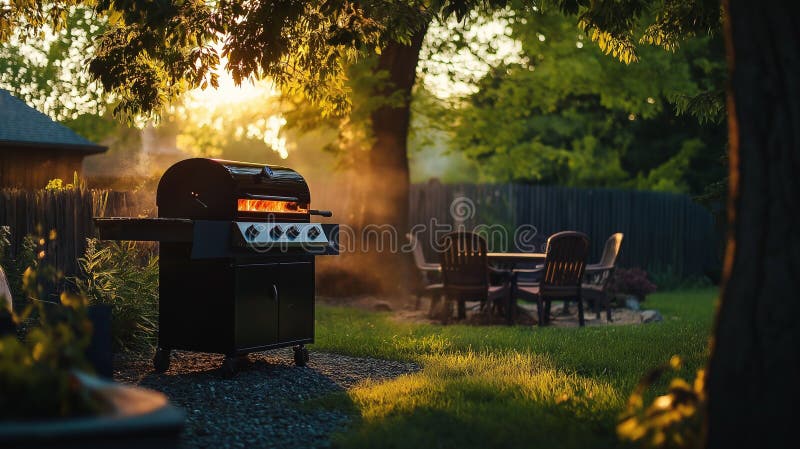 Black BBQ Grill in a Backyard, Golden Evening Light Stock Image - Image ...