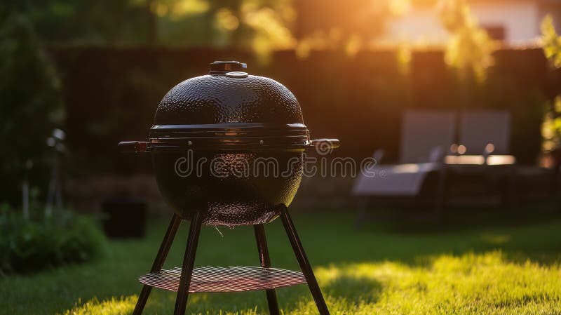 Black BBQ Grill in a Backyard, Golden Evening Light Stock Image - Image ...