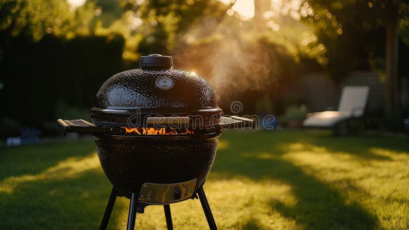 Black BBQ Grill in a Backyard, Golden Evening Light Stock Photo - Image ...