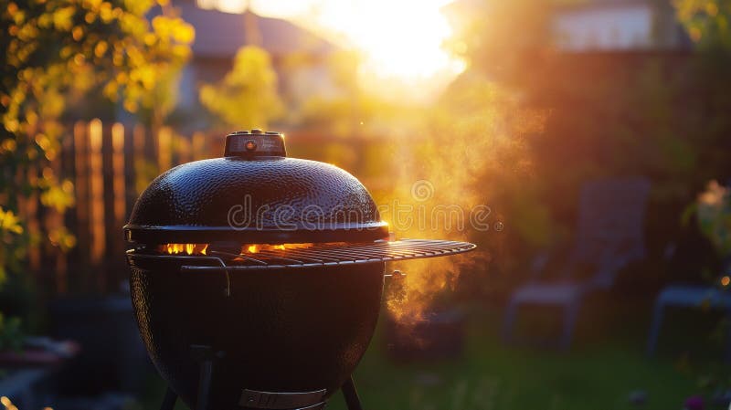Black BBQ Grill in a Backyard, Golden Evening Light Stock Image - Image ...