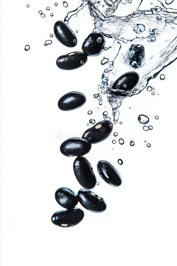 Black Beans Splashing in Water on White Background Stock Illustration ...