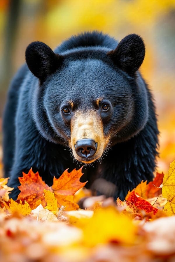 A Black Bear is Standing in the Leaves in the Woods Stock Image - Image ...