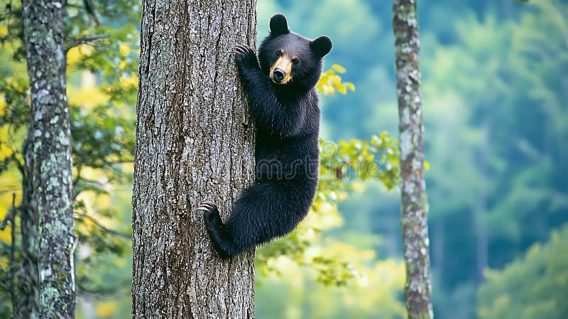 Black Bear Climbing a Tree in a Forest Stock Illustration ...