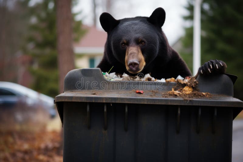 A Black Bear Crawls into a Suburban Trash Can. Generative Ai Stock ...