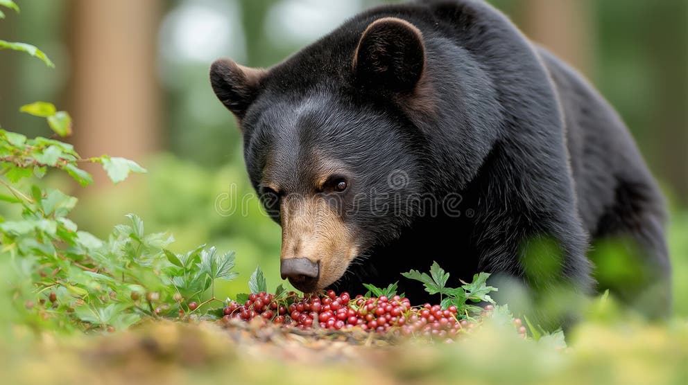 Black Bear Foraging for Berries in a Forest Setting Stock Illustration - Illustration of forest ...