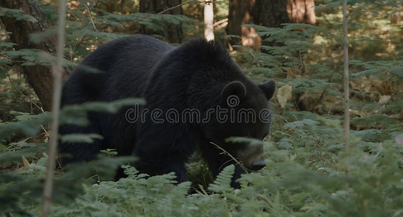 Black Bear Foraging through Dense Ferns in a Sun Dappled Forest Stock ...