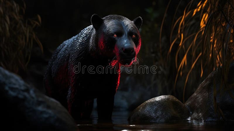 A Black Bear with Red Eyes Standing in Water Next To Rocks Stock Image ...