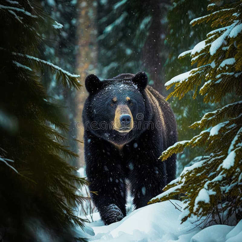 Black Bear Walking through Snowy Forest. Generative AI Stock ...