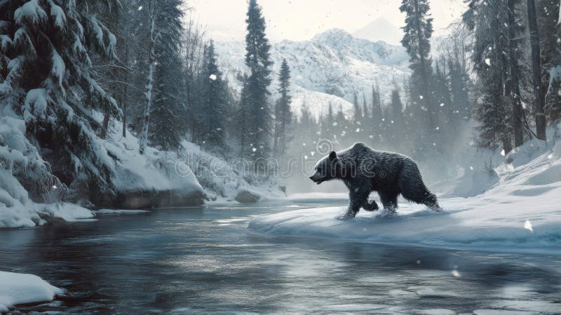 Black Bear Walking through a Snowy Forest Landscape Stock Illustration ...
