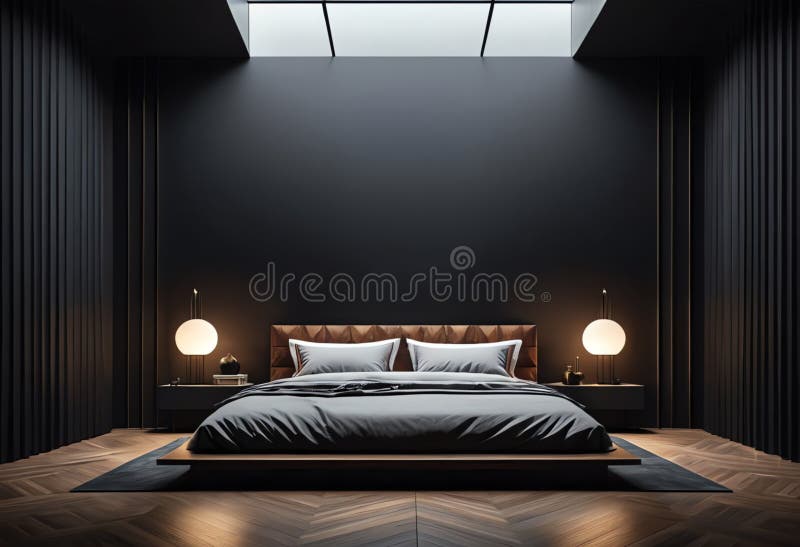 Black Bed Room Modern Interior with Sleep Lamp Stock Illustration ...