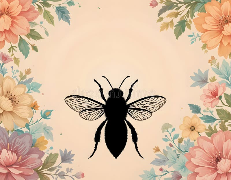 Black Bee Silhouette Surrounded by Floral Border Design Stock ...