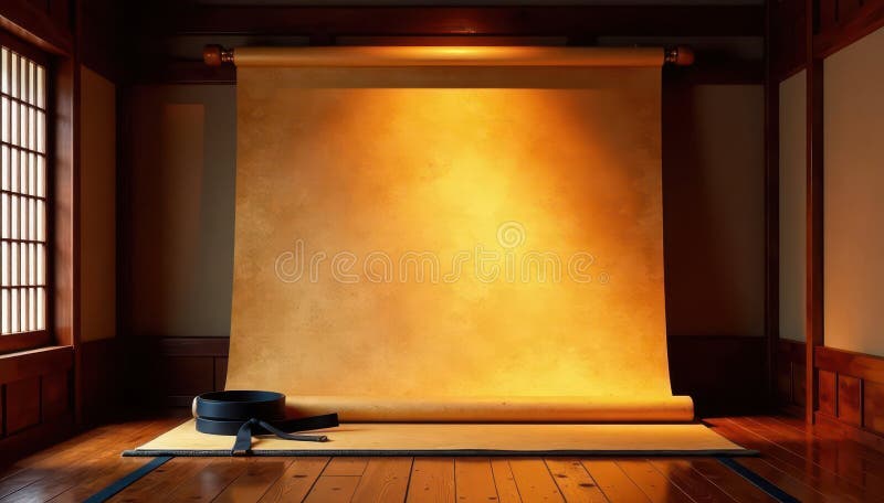 Black Belt Displayed, Ancient Scroll Background, Traditional Japanese ...