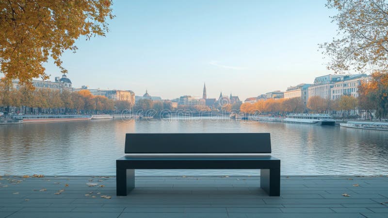 A Black Bench Facing a River with a City Skyline in the Background ...