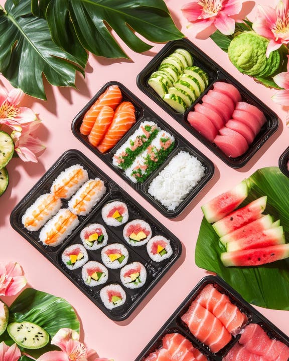 A Black Bento Box Filled with a Variety of Sushi Featuring an Array of ...