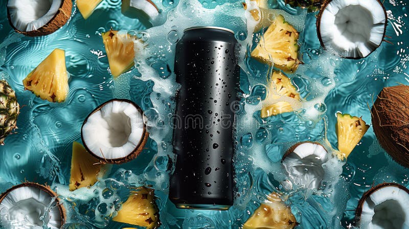 Black Beverage Can Surrounded by Tropical Fruits in Water Stock ...