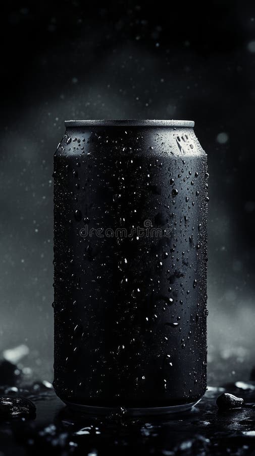 Black Beverage Can with Water Droplets on Dark Background Stock Photo ...