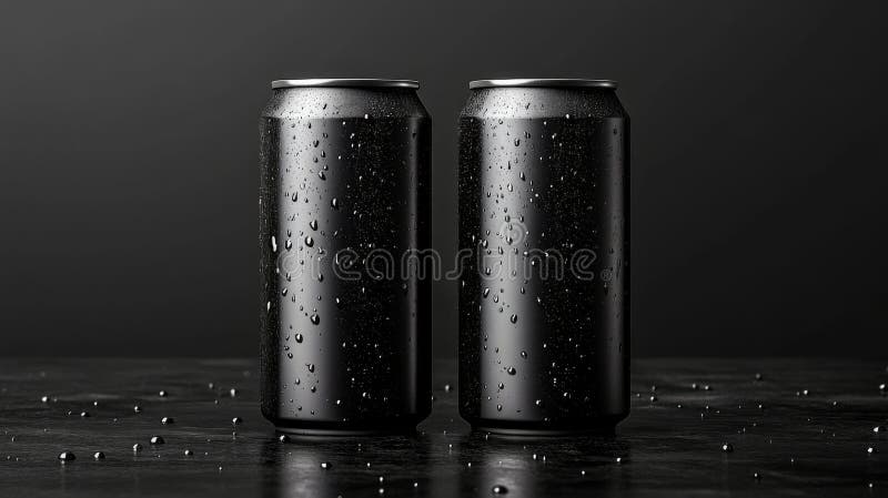 Black Beverage Cans with Droplets on a Dark Background Create a Sleek ...