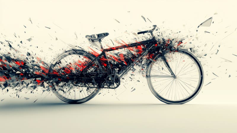 Black Bicycle Exploding into Angular Shapes in Red and Black Abstract ...