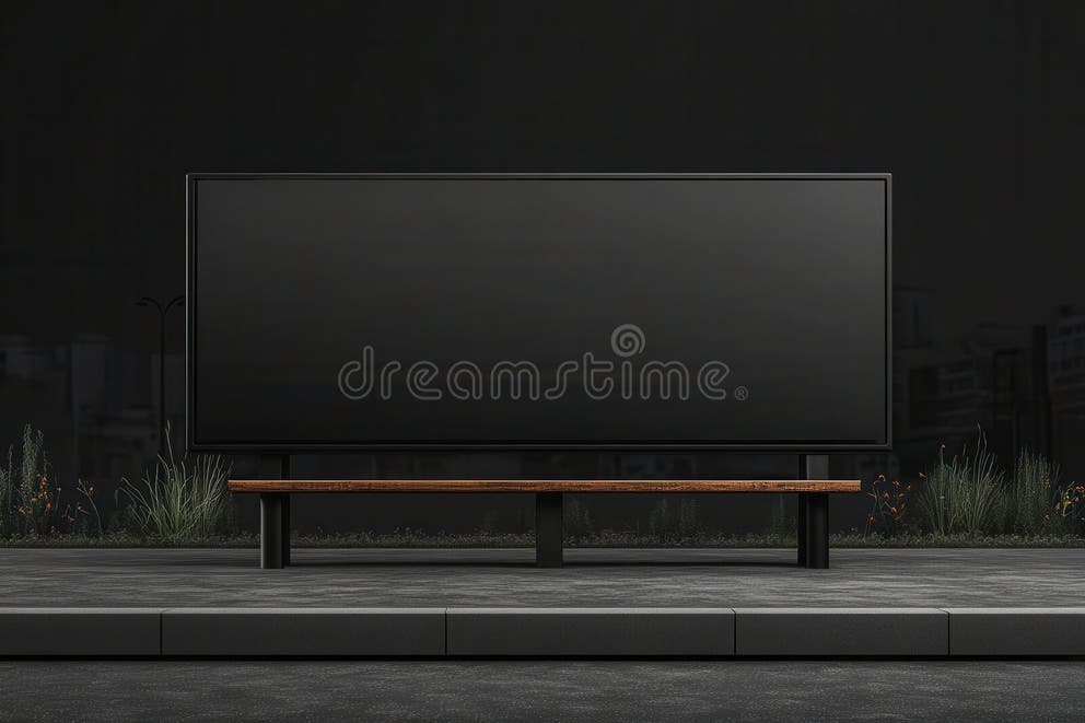 A Black Billboard with a Wooden Bench in Front of it Stock Image ...