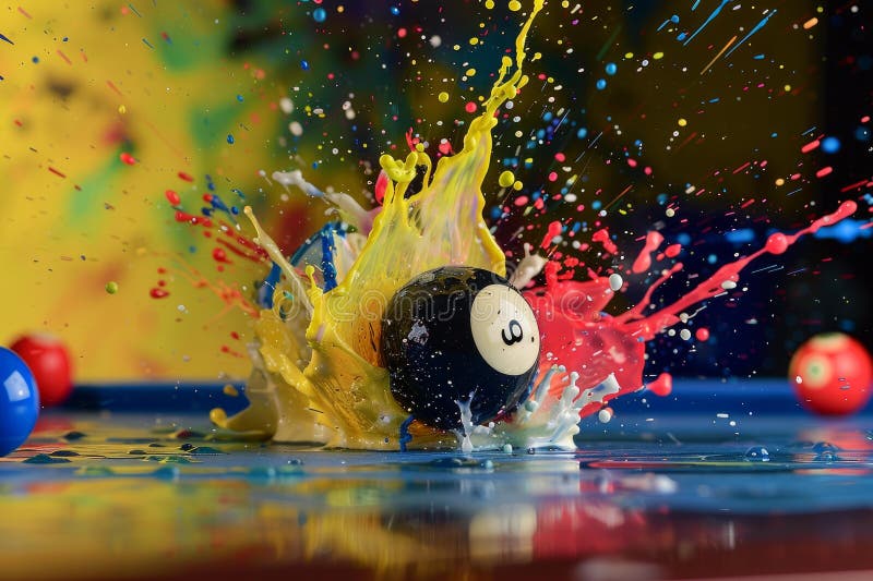 Black Billiard Ball Exploding in a Colorful Paint Splash on a Pool ...