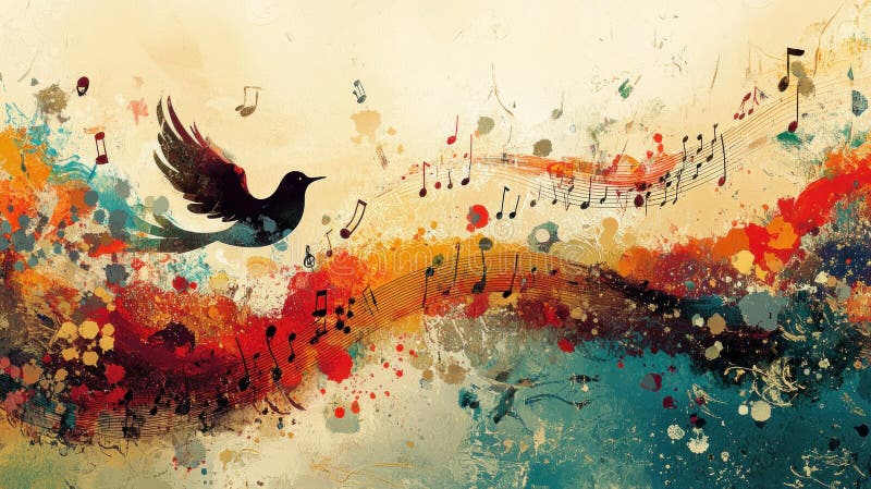 A Black Bird Flies through a Colorful Watercolor Background with ...