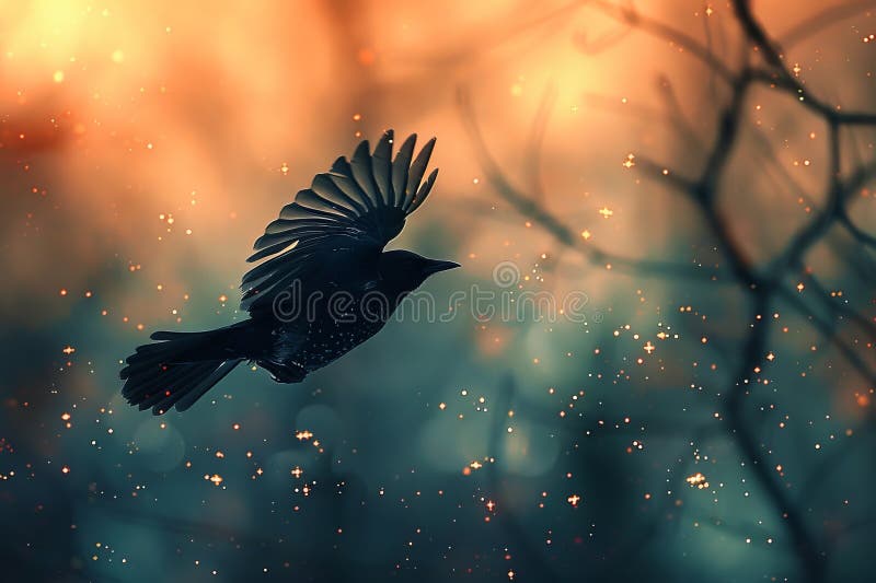 A Black Bird Flying through the Forest at Sunset Stock Image - Image of ...