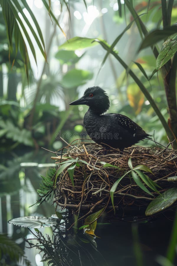 Black Bird Nesting among Lush Greenery in Misty Tropical Rainforest ...
