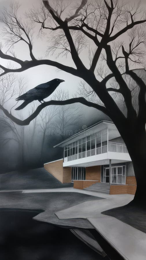 A Black Bird Perched on a Bare Tree Branch Near a Modern Building ...