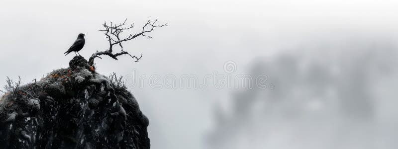 A Black Bird Perches on a Tree Branch Amidst a Foggy Day Stock ...
