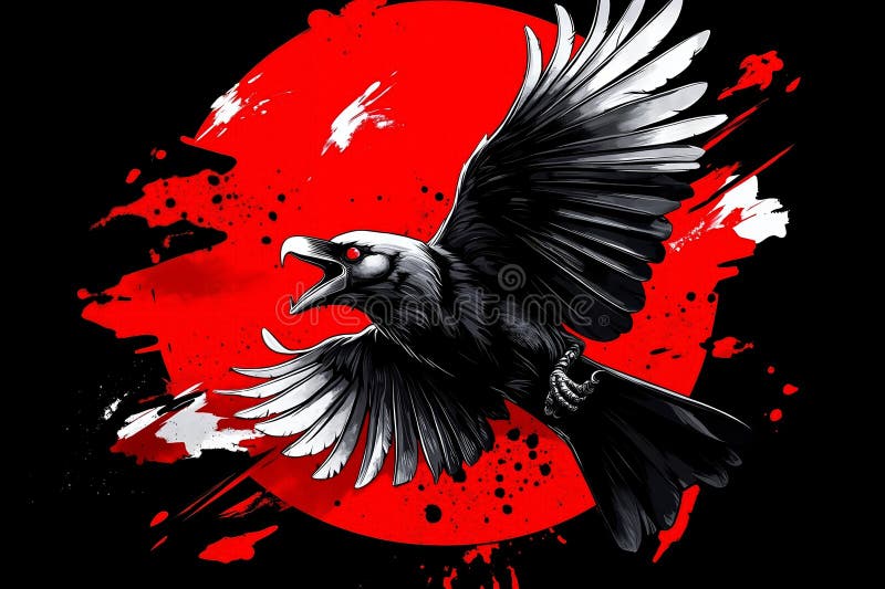 A Black Bird with Red Eyes Flying in Front of a Red Sun Stock ...