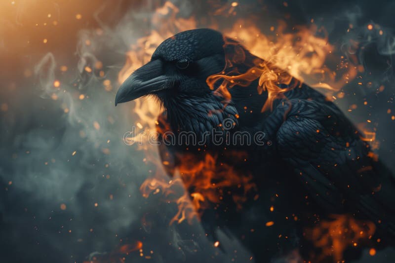 A Black Bird Sits on Top of a Fire-covered Ground, Surrounded by Warm ...