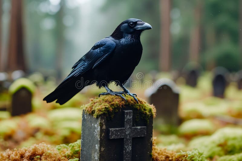 A Black Bird Sitting on Top of a Grave in a Cemetery Stock Photo ...