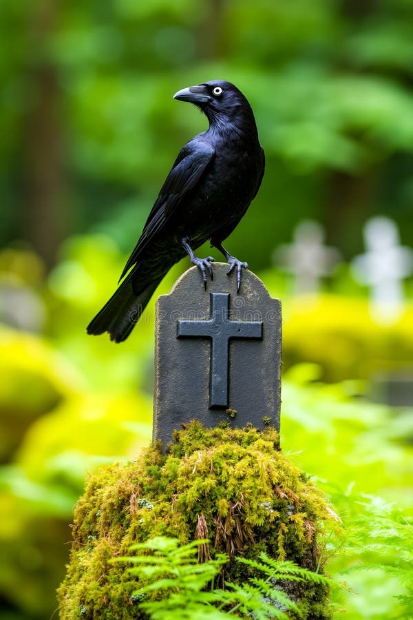 A Black Bird Sitting on Top of a Grave with a Cross Stock Photo - Image ...