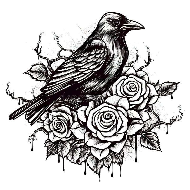 A Black Bird Sitting on Top of Roses. Generative AI Image. Stock Illustration - Illustration of ...