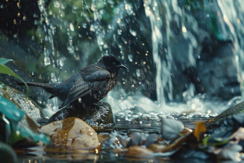 A Black Bird Stands Still in a Flowing Stream of Water Stock Image ...