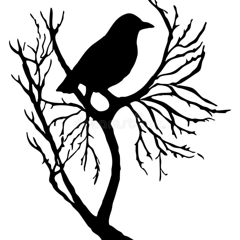 Black Bird on a Tree on a White Background. Minimalist Illustration ...